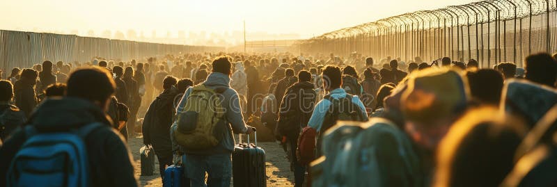 Large Groups of Refugees with Backpacks and Suitcases Navigate a ...
