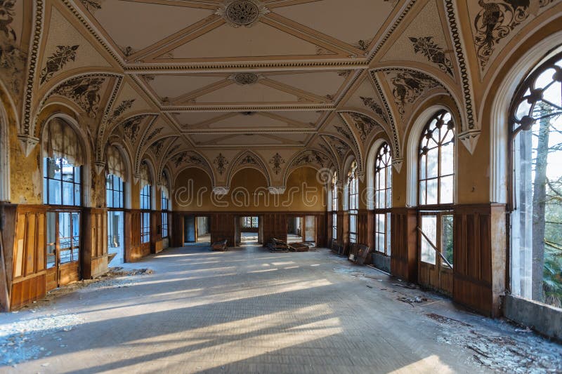 Large Hall of Abandoned Building in Gothic Style Stock Image - Image of ...