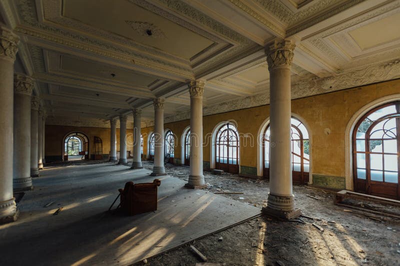 Large Hall with Columns in Old Abandoned Mansion Stock Image - Image of ...