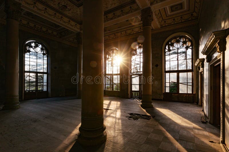 Large Hall with Columns in Old Abandoned Sanatorium Stock Photo - Image ...