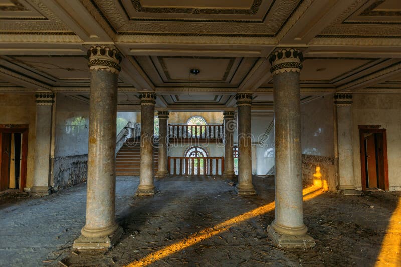 Large Hall with Columns in Old Abandoned Sanatorium Stock Photo - Image ...