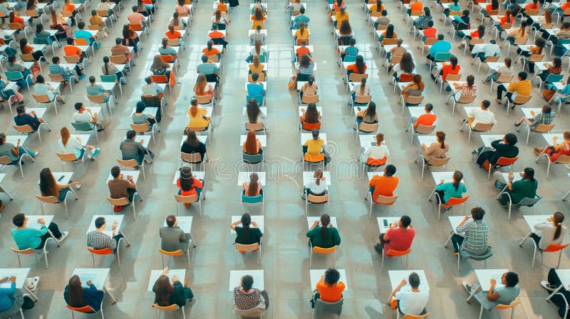 A Large Hall Filled with Rows of Desks and Students Taking an Exam.. AI ...