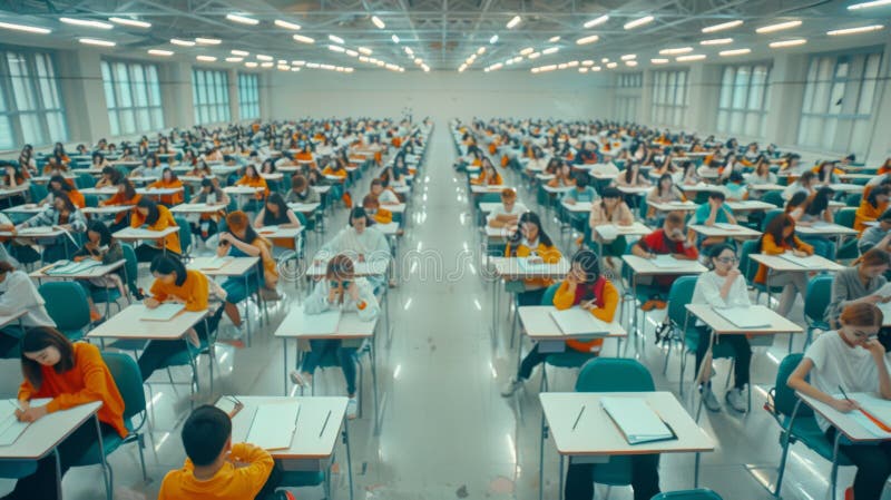 A Large Hall Filled with Rows of Desks and Students Taking an Exam.. AI ...