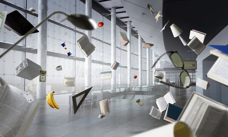 Large Hall with Flying Objects Stock Illustration - Illustration of ...