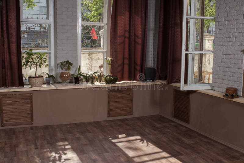 Large Hall with High Windows in Beige Colors Stock Image - Image of ...