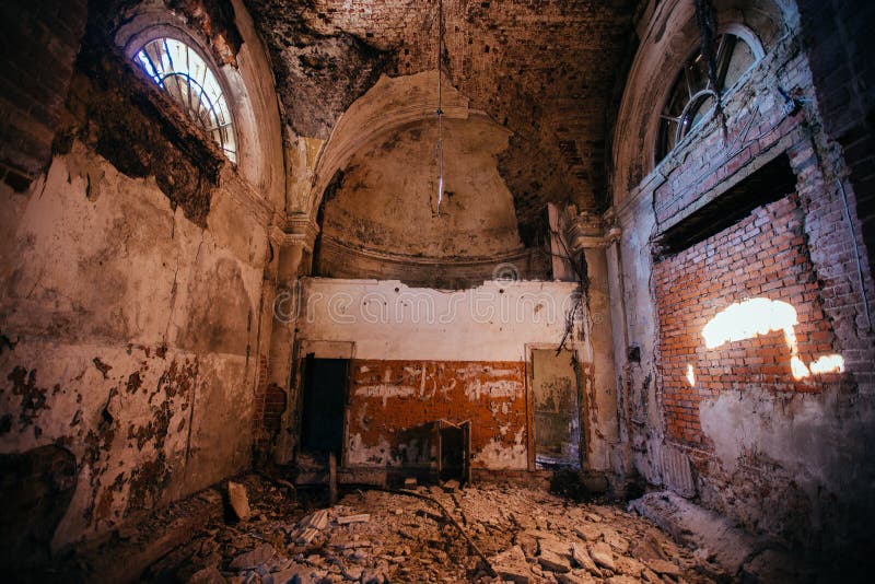 Large Hall at Old Ancient Abandoned Ruined Historical Building Stock ...
