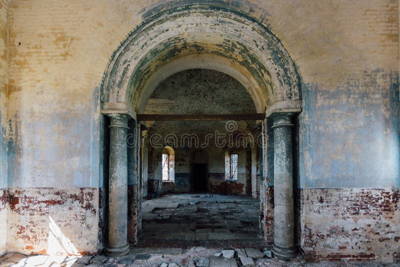 Large Hall at Old Ancient Abandoned Ruined Historical Building Stock ...