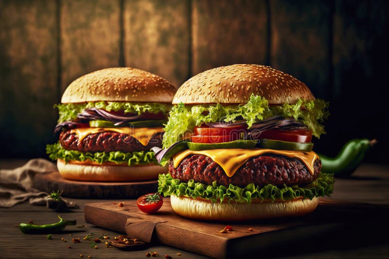 Large Hamburger with Bbq Sauce and Cheese Burger Set on Wooden Table ...