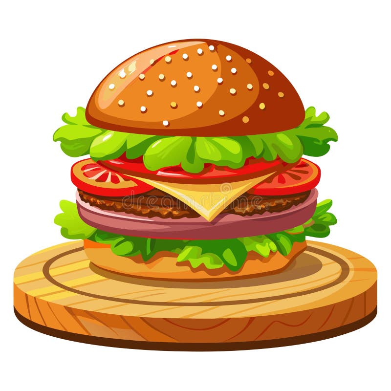 A Large Hamburger with Lettuce and Tomatoes on Top of a Wooden Board ...