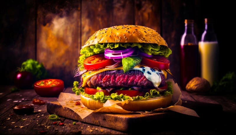 Large Hamburger Sitting on Top of Wooden Table. Generative AI Stock ... Large Hamburger Sitting on Top of Wooden Table. Generative AI Stock ...