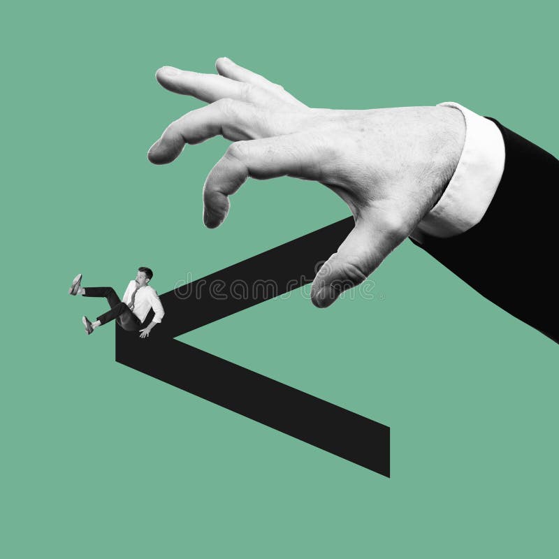 Large Hand Pushes Businessman Off Edge of less-than Symbol, Symbolizing ... Large Hand Pushes Businessman Off Edge of less-than Symbol, Symbolizing ...