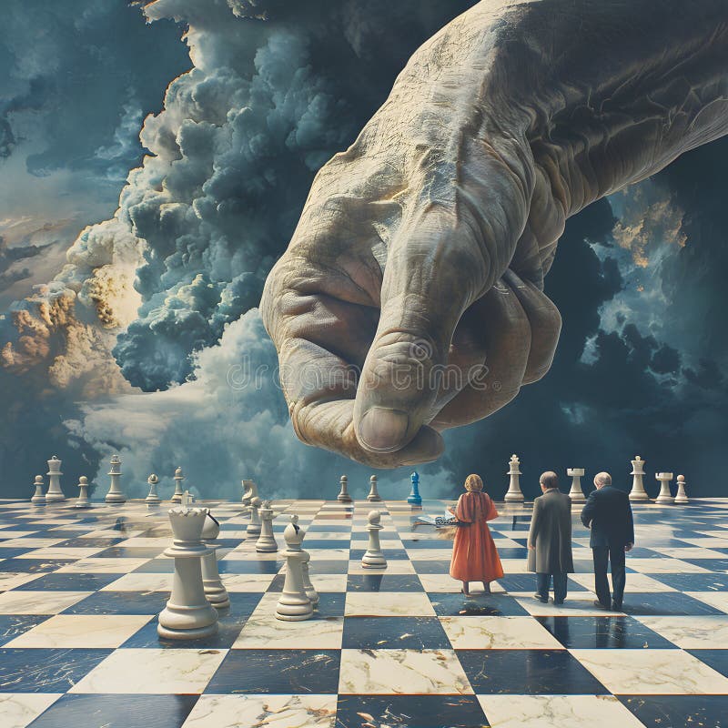 A Large Hand from the Sky Knocks Chess Pieces and Human Figures Off the ...