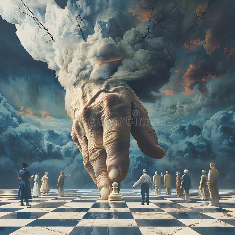 Large Hand from Sky Knocks Chess Pieces and Human Figures Off the ...