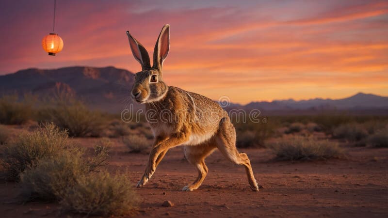 Desert Hare Running at Sunset with Lantern Stock Illustration ...