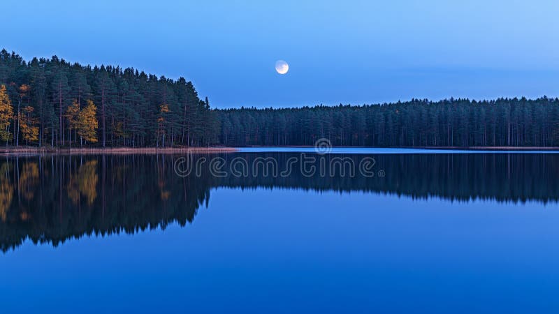 A Large Harvest Moon Illuminates the Still Waters of a Serene Lake ...