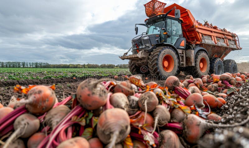 Large Harvester Loading Fresh Sugar Beets in a Field Under a Cloudy Sky ...