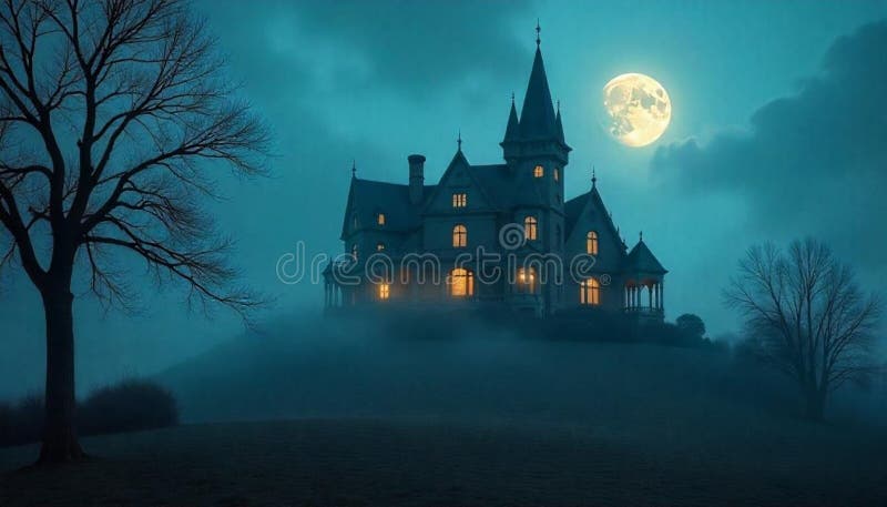 A Large Haunted House with a Full Moon in the Dark Cloudy Sky Above ...