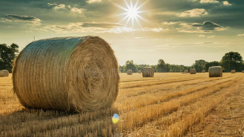 A Large Hay Bales are Sitting in a Field Under the Sun, AI Stock Image ...