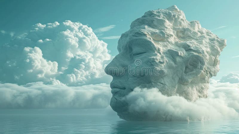 A Large Head Floating in the Water with Clouds Surrounding it, AI Stock ...