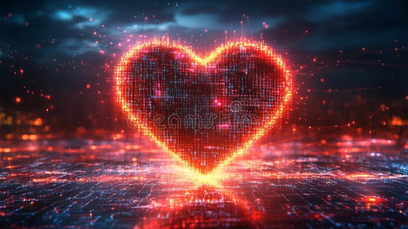 Large Heart Shape Composed of Binary Code in Vibrant Lights Against a ...