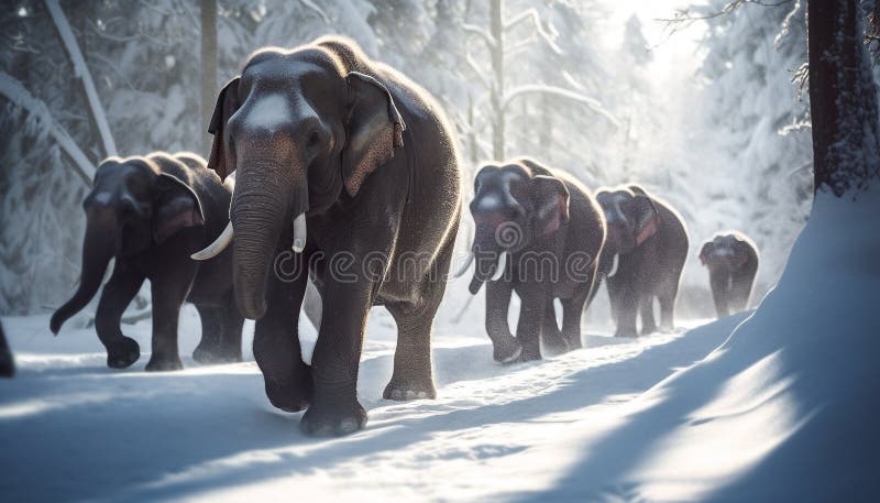 Large Herd of African Elephants Walking in Snow Generated by AI Stock ...