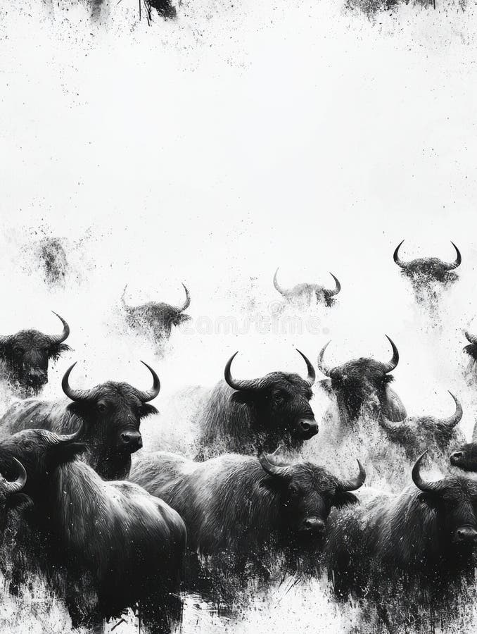 A Large Herd of Buffalo Moving Across the Open Fields Under a Bright ...