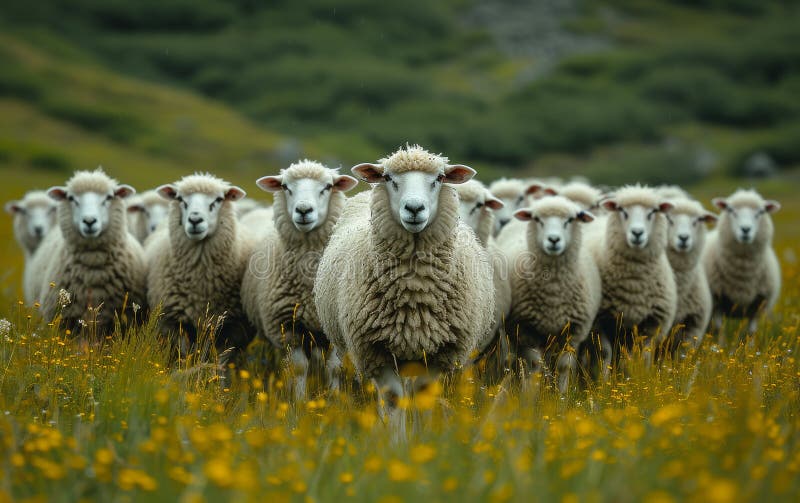 Large Herd of Sheep. Sheep Herd on Grassy Background Stock Image ...