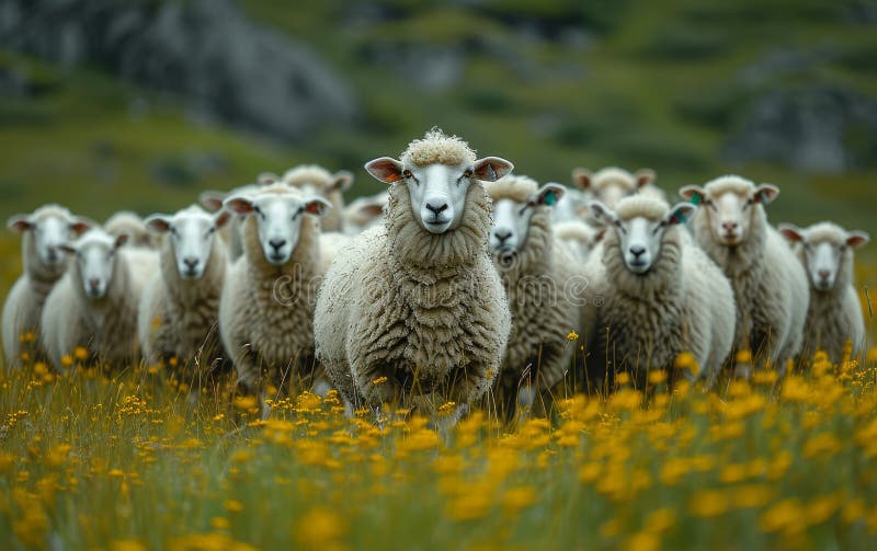 Large Herd of Sheep. a Sheep Herd on Grassy Background Stock Image ...