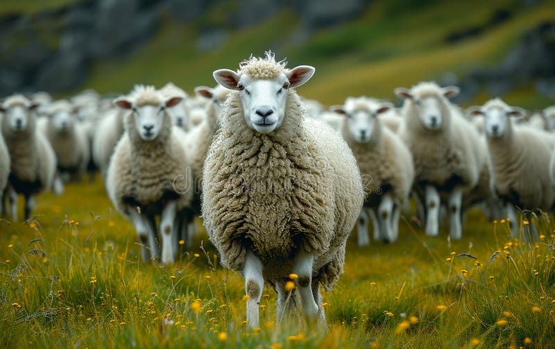 Large Herd of Sheep. a Sheep Herd on Grassy Background Stock Image ...