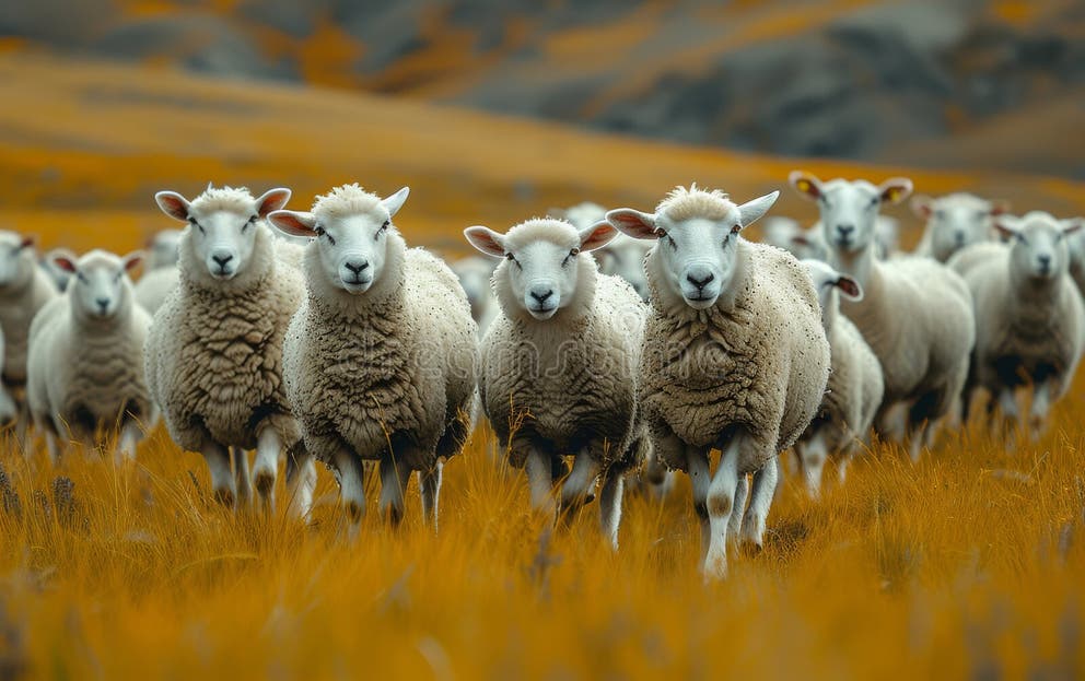 Large Herd of Sheep Moving through Field Stock Photo - Image of grass ...