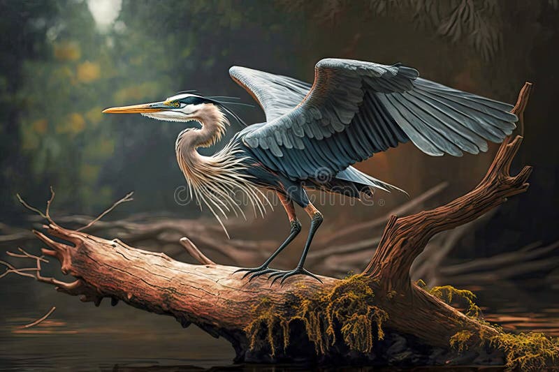 Large Heron Spreading Its Wings Standing on Thin Branch of Fallen Tree ...