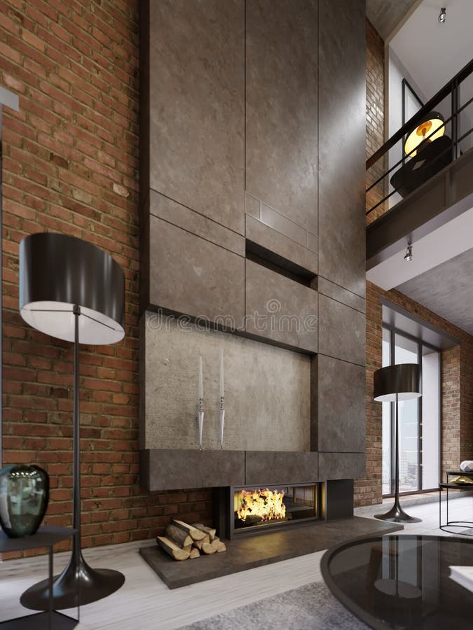 Large High Concrete Fireplace with Built-in Firebox with Burning Fire ...
