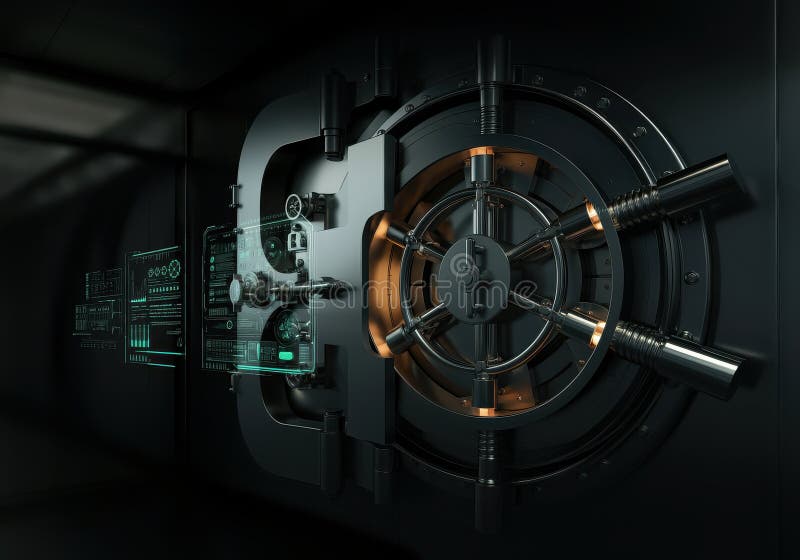 A Large, High-tech Vault Door Dominates the Image Stock Illustration ...