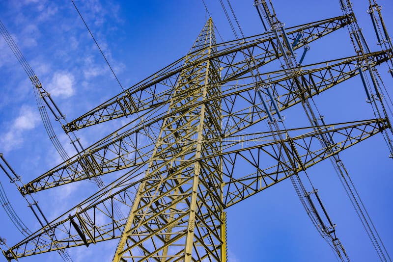 Large High Voltage Pylon with Several Power Lines from Frog Perspective ...