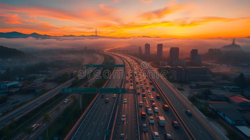 A Large Highway System at Dawn Stock Illustration - Illustration of ...