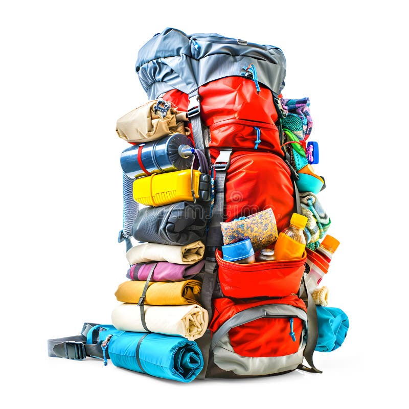 Large Hikers Backpack Crammed with Things Isolated on White Background ...