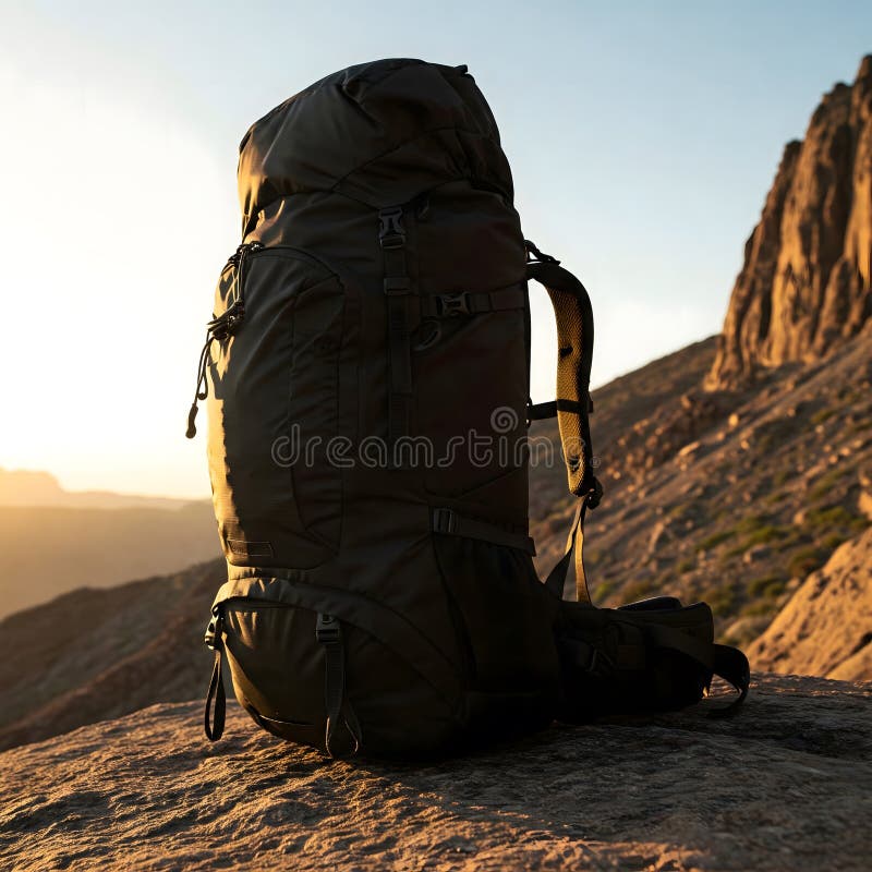 A Large Hiking Backpack Sits on a Rock with a Mountain Range in the ...