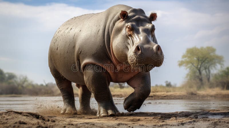 Dynamic Hippopotamus Walking by Shallow Water Stock Image - Image of ...