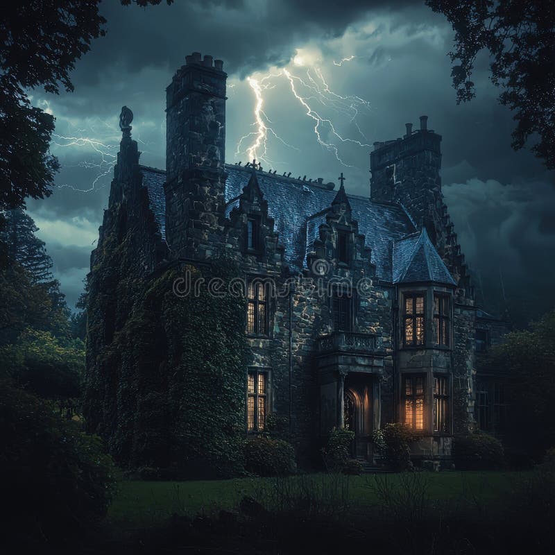 Large Historic Castle Under Dramatic Lightning Storm in the Night Sky ...