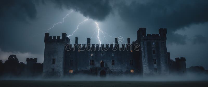 Large Historic Castle Under Dramatic Lightning Storm in the Night Sky ...