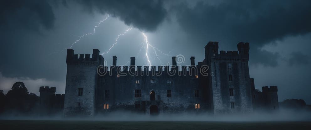 Large Historic Castle Under Dramatic Lightning Storm in the Night Sky ...