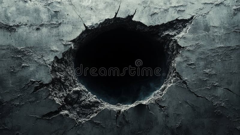 Large Hole in Concrete Wall Surrounded by Cracks, Dark and Ominous ...