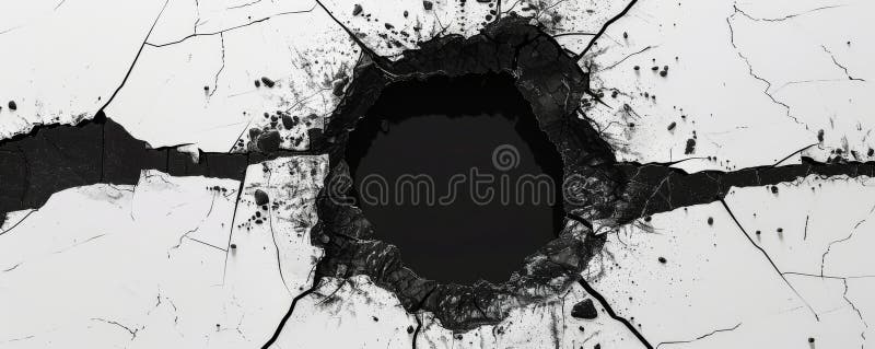 Large Hole in the Cracked White Surface, Top View. Abstract Destruction ...