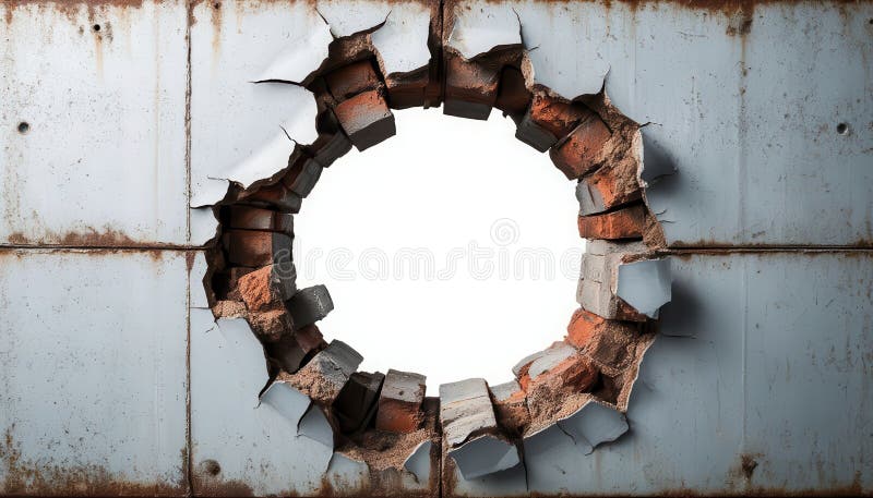 Large Hole in Rusty Metal Wall with Exposed Bricks Stock Image - Image ...
