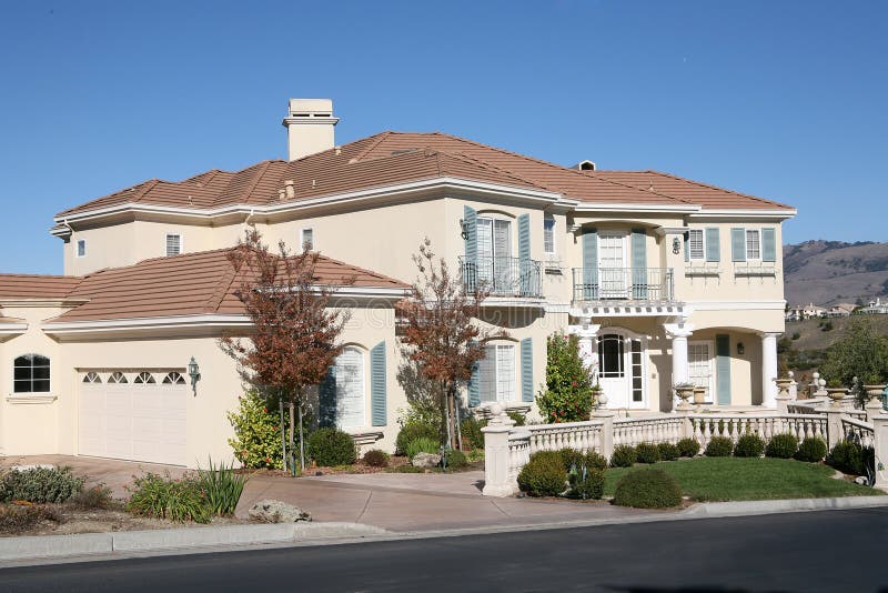 Large Spanish Style Home with a Turret Stock Image - Image of garage ...