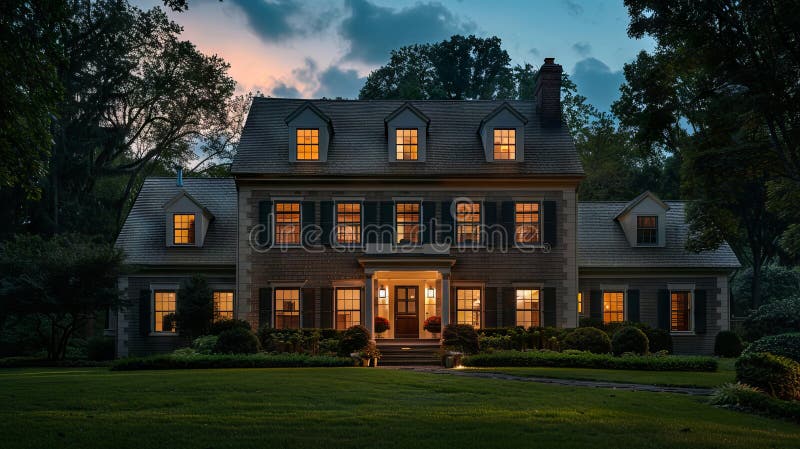 A Large Home with Lights on at Night Stock Image - Image of night ...