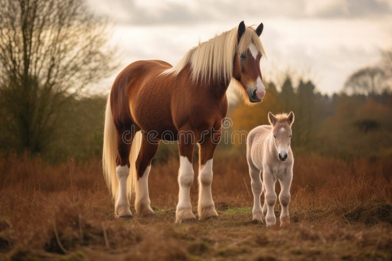 A Large Horse Next To a Small Pony in a Field Stock Image - Image of ...