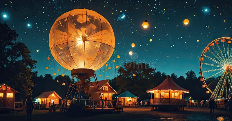 A Large Hot Air Balloon is Floating in the Air with Lights on it, and ...