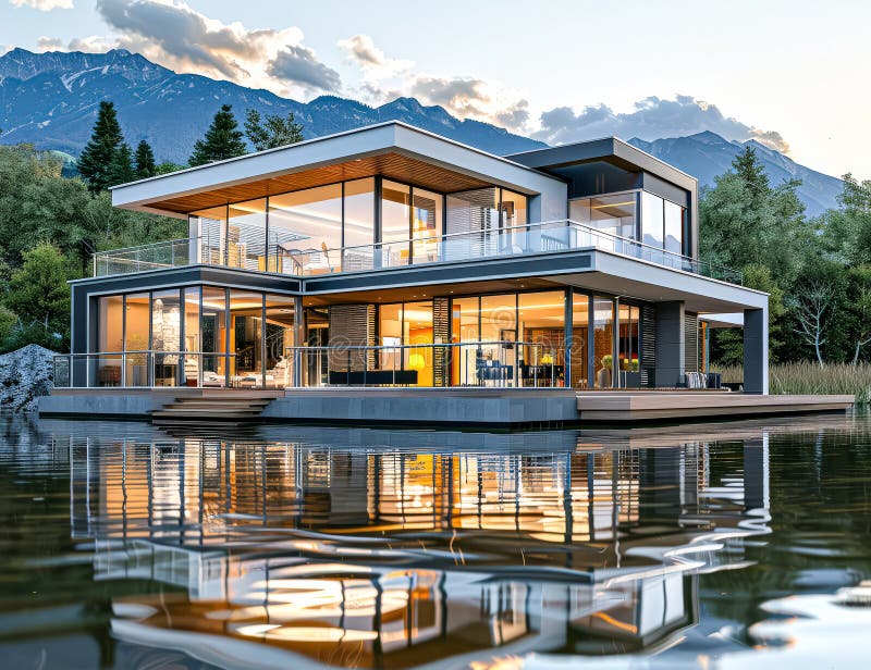 Large House with a Beautiful View of the Mountains and a Lake. Stock ...