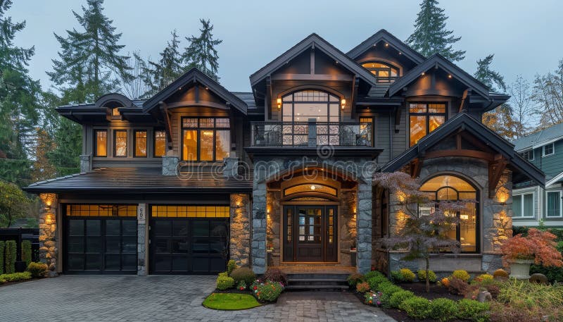 A Large House with a Black Garage Door and a Large Front Door by AI ...